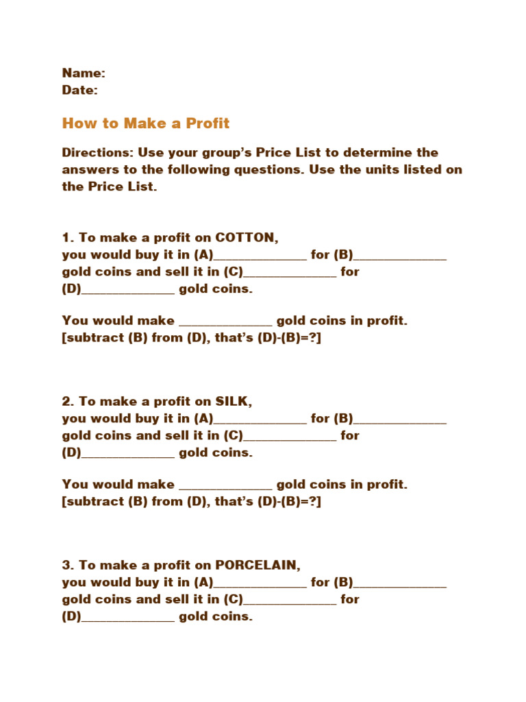 Profit Calculation Worksheet | PDF | Money | Economies