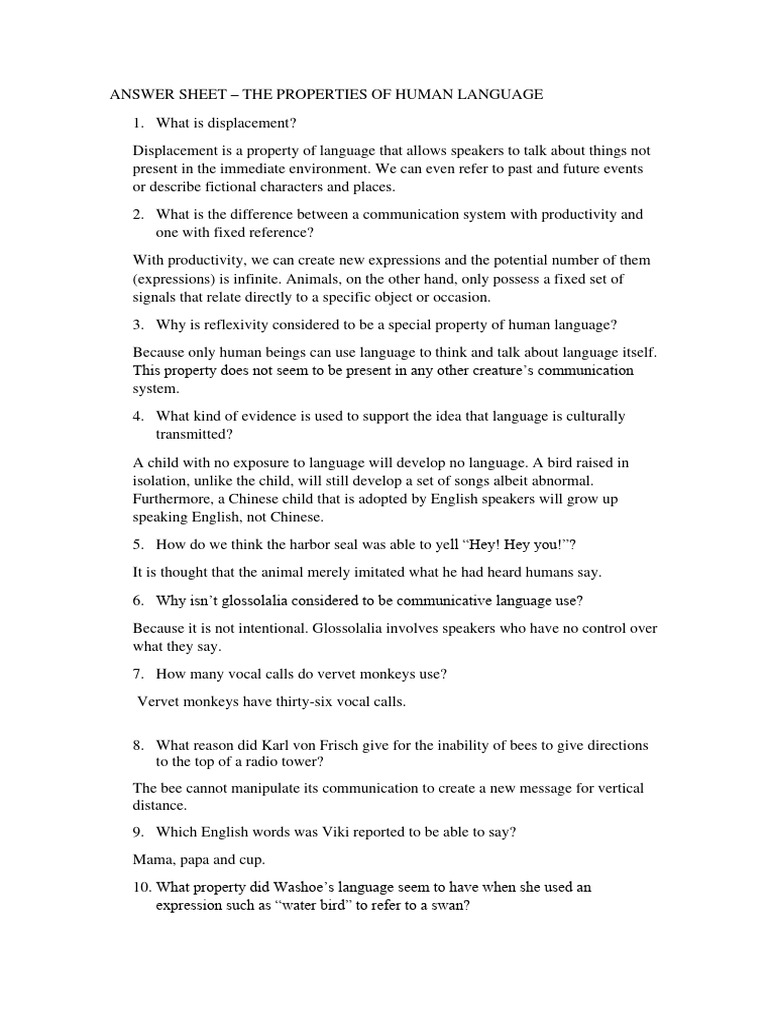 Study Questions - The Properties of Human Language (Answers) | PDF ...