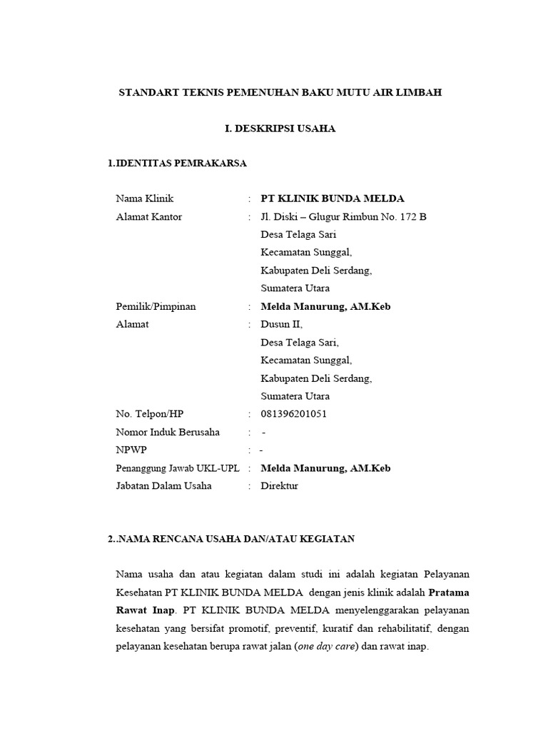 Standar Teknis Klinik Bunda Melda | PDF