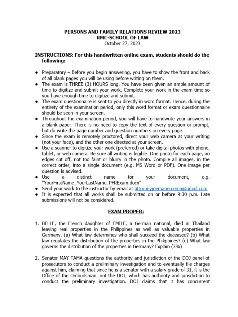 Persons and Family Relations Review 2023 RMC Sol Exam | PDF