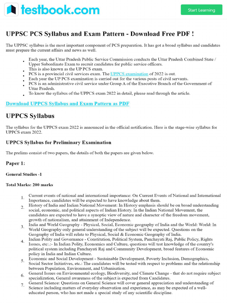 UPPSC PCS Syllabus and Exam Pattern - Download Free PDF ! | PDF