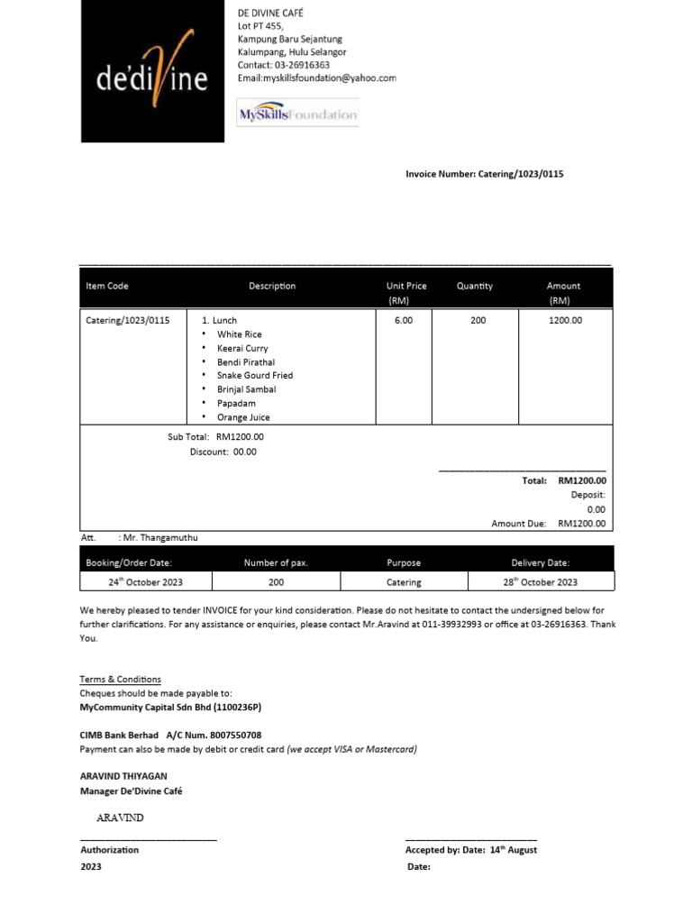 Catering Invoice for De’Divine Café | PDF