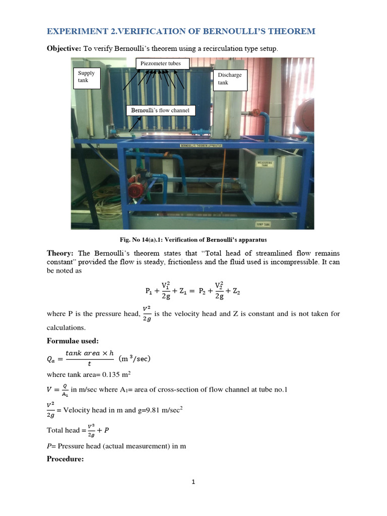 Experiment 6-Verification of Bernoullis Theorem | PDF | Physical ... Experiment 6-Verification of Bernoullis Theorem | PDF | Physical ...