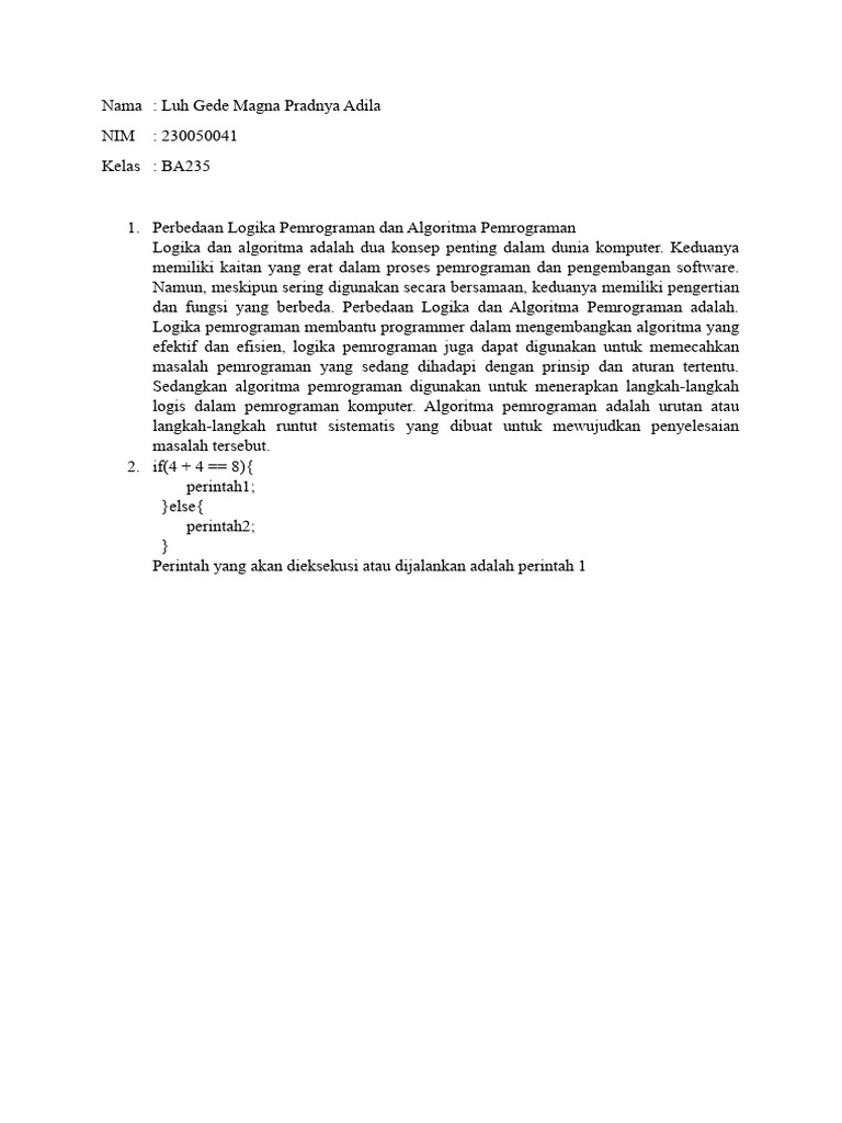Perbedaan Logika Pemrograman Dengan Algoritma Pemrograman | PDF