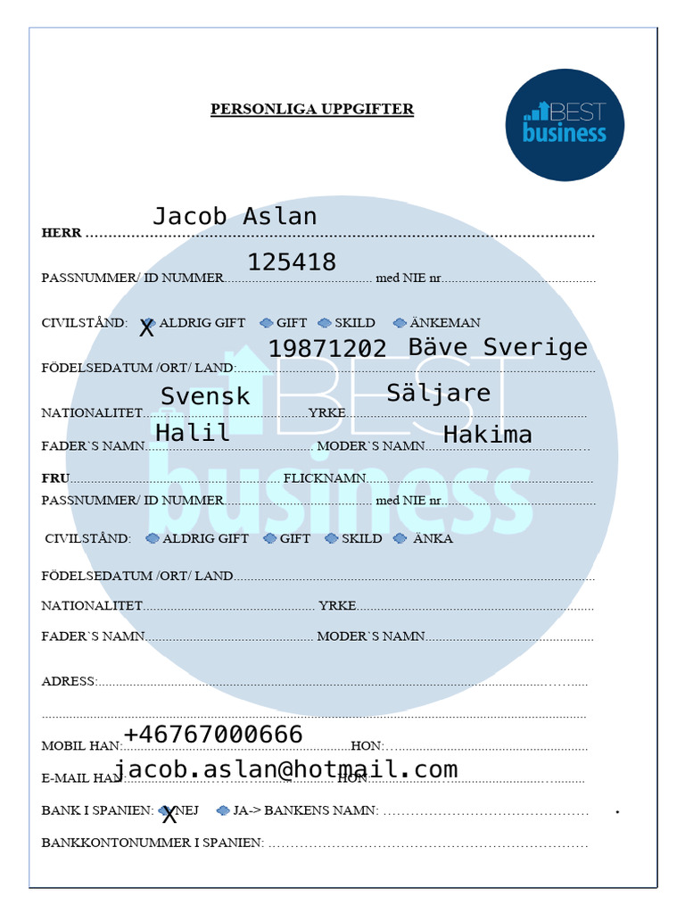 Personliga Uppgifter Jacob Aslan | PDF