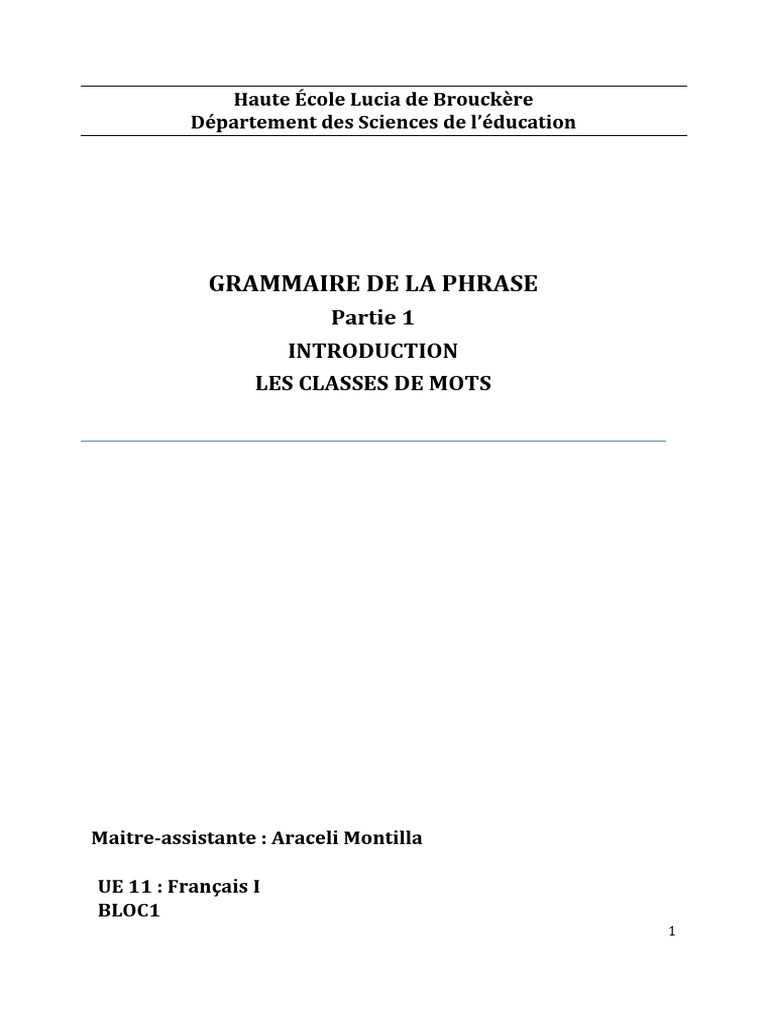 Grammaire de la Phrase : Classes de Mots | PDF
