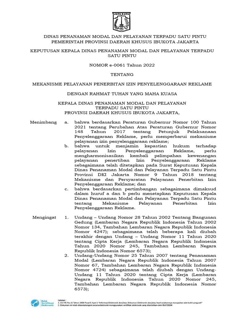 SK Kadis E-0061 TAHUN 2022 MEKANISME PELAYANAN PENERBITAN IZIN PENYELENGGARAAN REKLAME | PDF