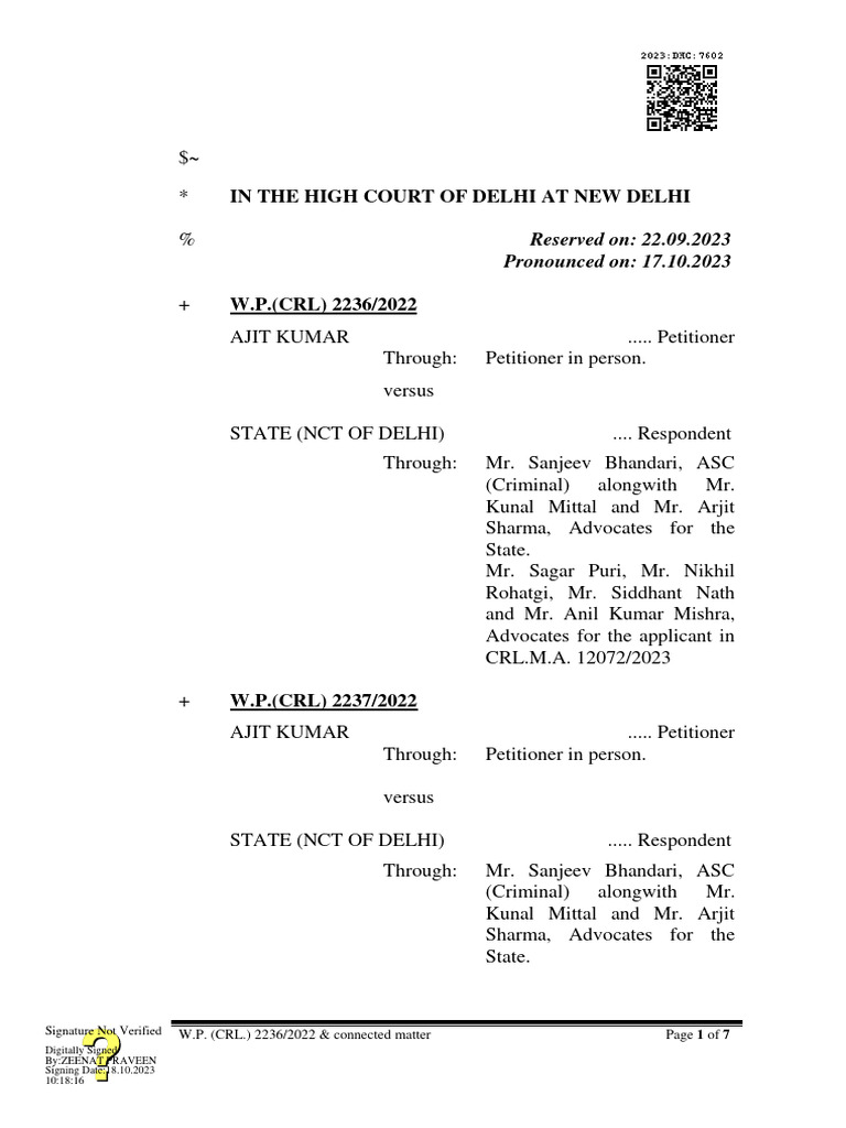 Ajit Kumar V State NCT of Delhi Tanuj 499566 | PDF | Judgment (Law) | Precedent