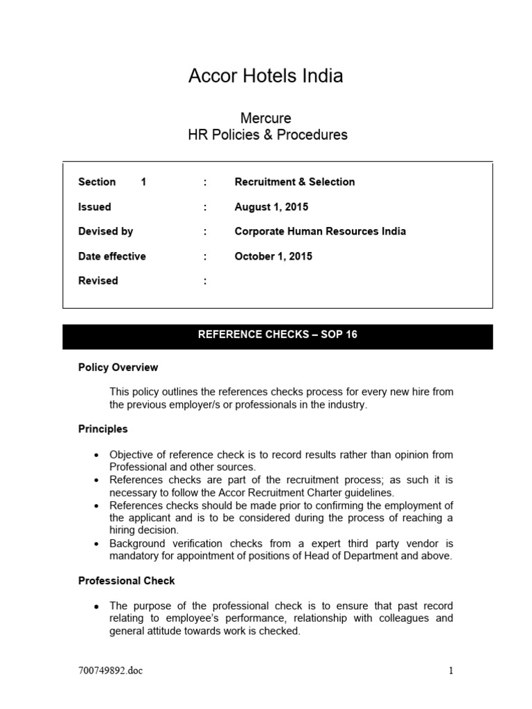 SOP 16 - Section 1-Reference Checks | PDF