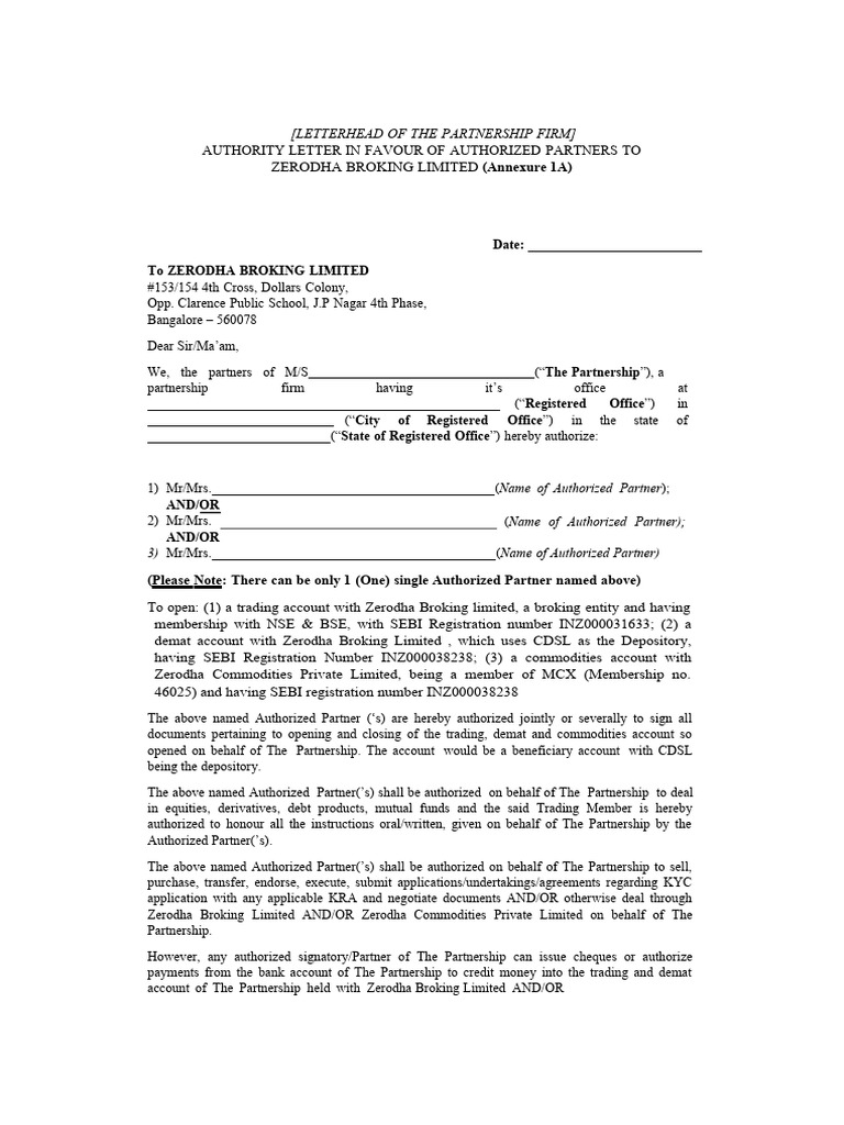 Zerodha Authorized Partner Authorization | PDF | Partnership | Cheque