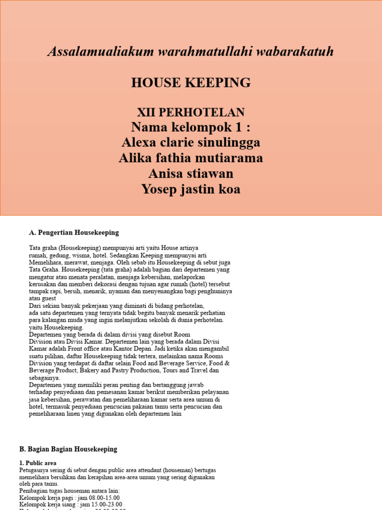 Pengertian dan Tugas Housekeeping | PDF