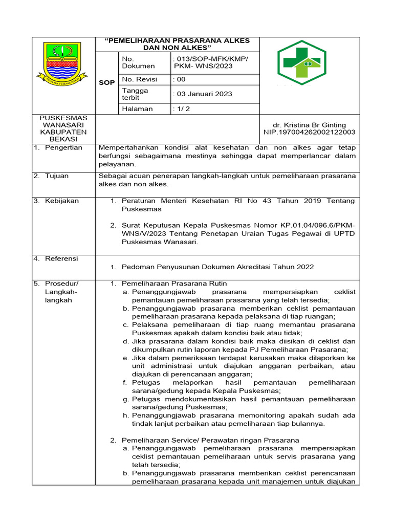Sop Pemeliharaan Alkes | PDF