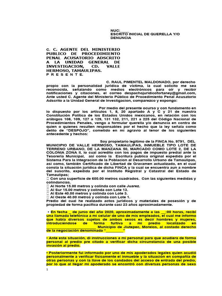 Querella de Desaolojo Raul Pimentel Maldonado | PDF | Queja | Justicia