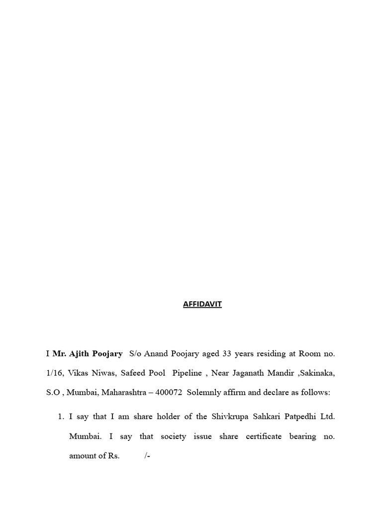 Affidavit of Loss of Share Certificate | PDF