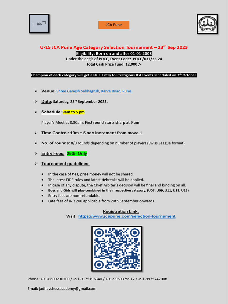 JCA Pune U-15 Chess Tournament 2023 | PDF | Abstract Strategy Games | Sports