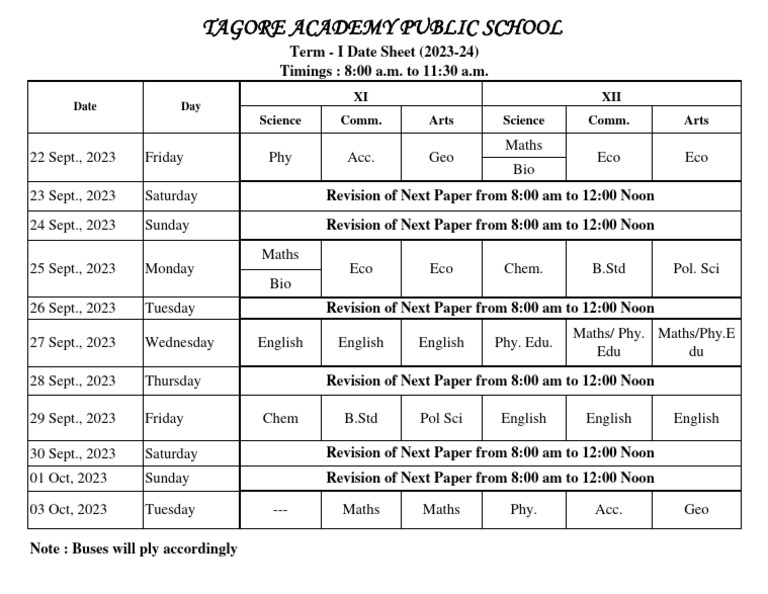 Term-I - Date - Sheet XI & XII (TAPS) | PDF