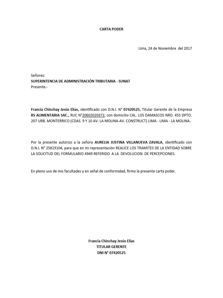 Modelo Carta Poder (Tramite de Devolucion Percepciones) | PDF