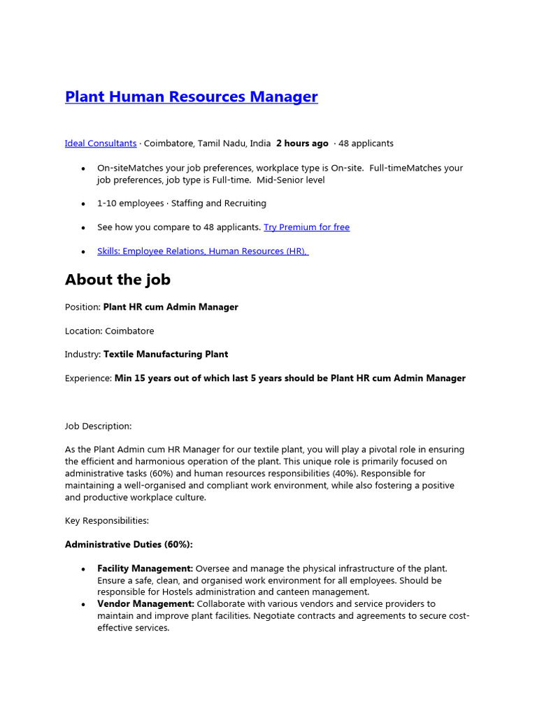 Plant Human Resources Manager-DUBAI | PDF | Human Resources | Human ...