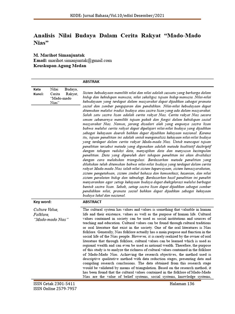 Analisis Nilai Budaya Dalam Cerita Rakyat Mado-Mad | PDF