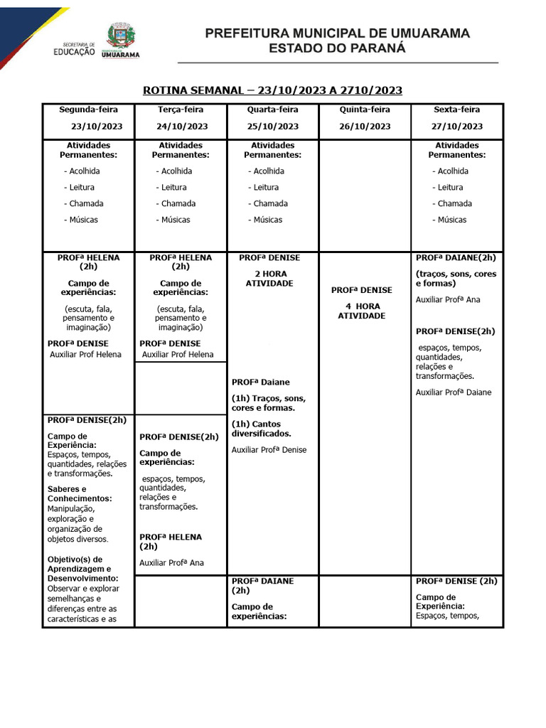 Ok ROTINA SEMANAL - 23 - 10 - 2023 A 27 - 10 - 2023 | PDF