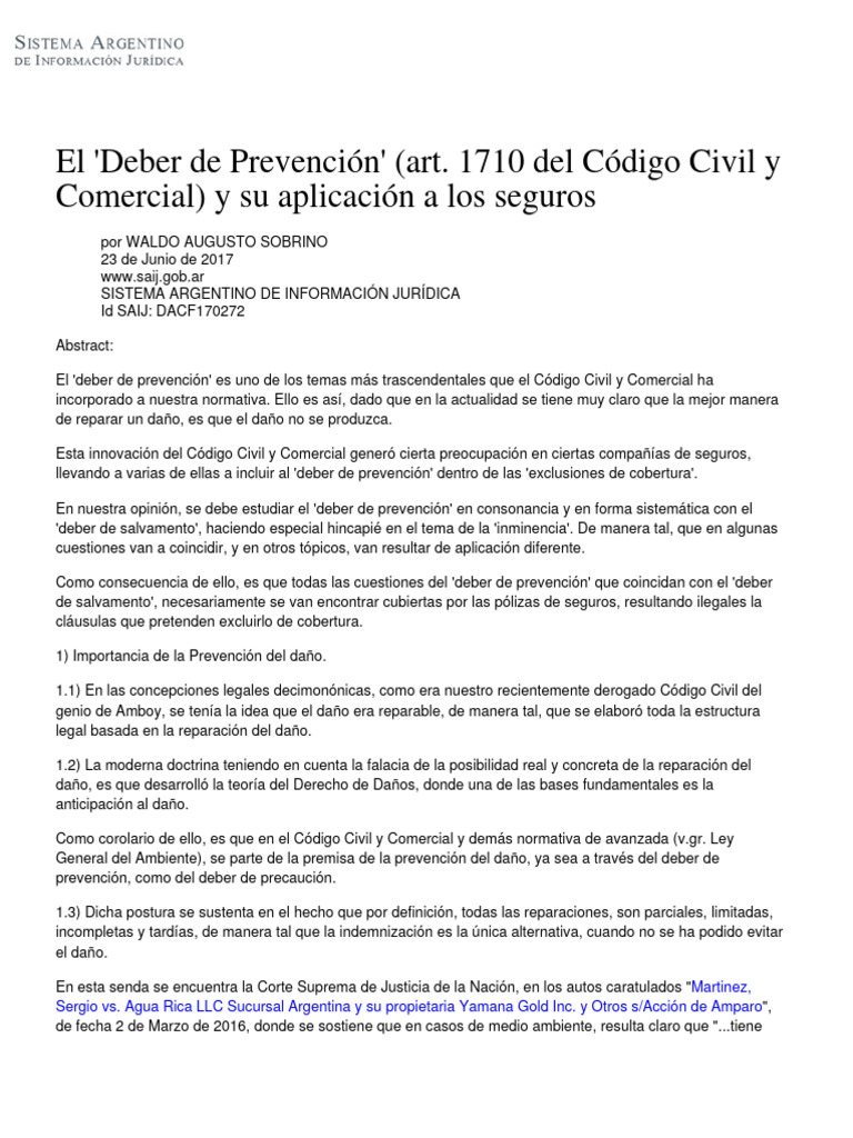 El 'Deber de Prevención' (Art. 1710 Del Código Civil y Comercial) y Su ...