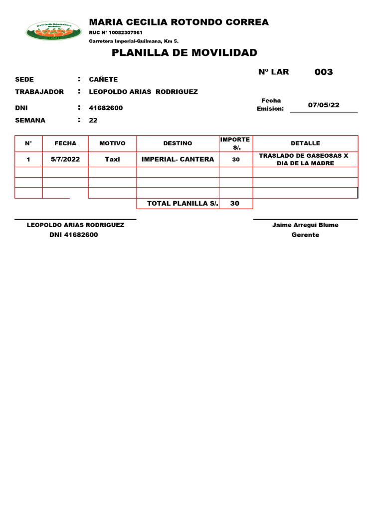 Planilla de Movilidad Cañete | PDF