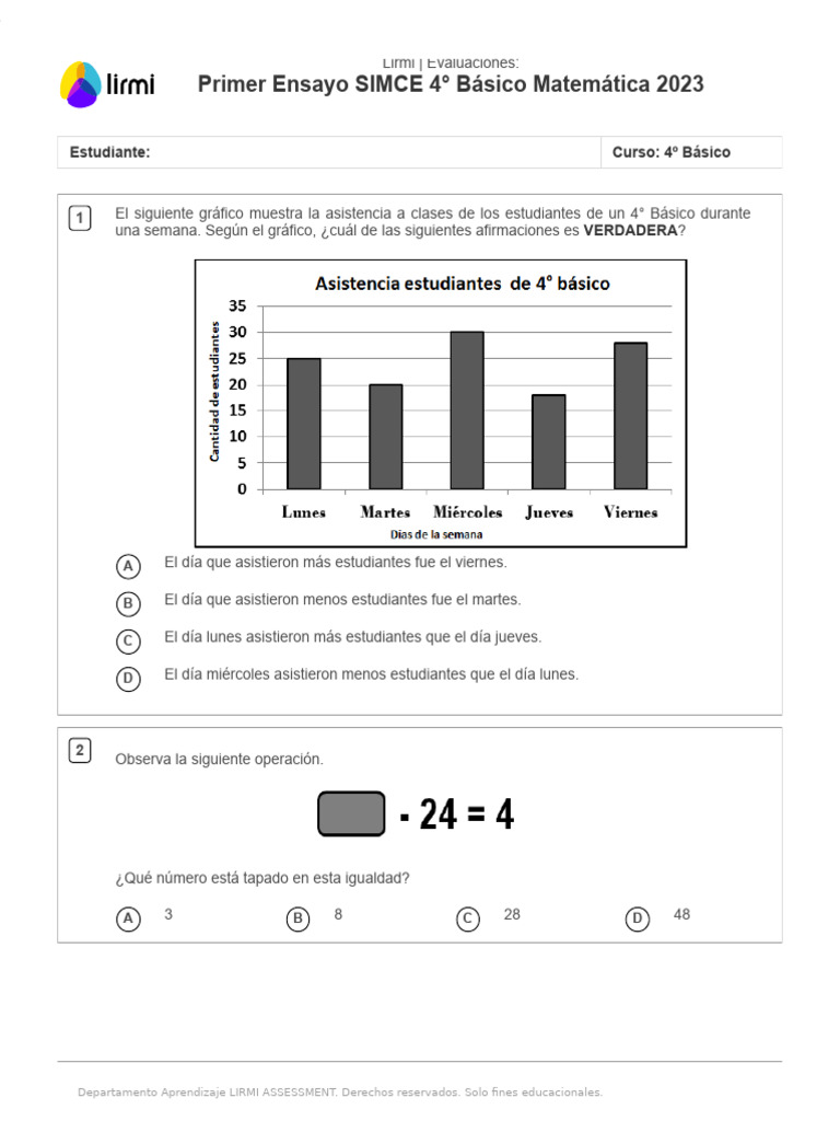 Primer Ensayo Simce 4 Basico Matematica 2023 5419813 | PDF | Triángulo | Reloj