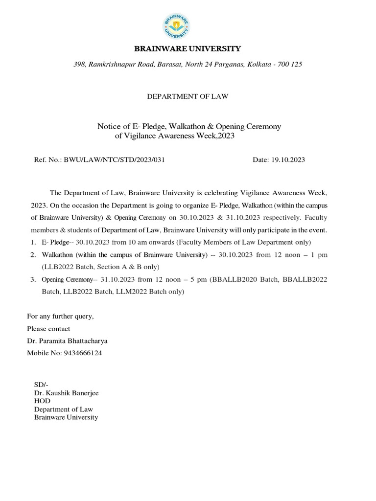 Notice of E - Pledge, Walkathon & Opening Ceremony of Vigilance ...