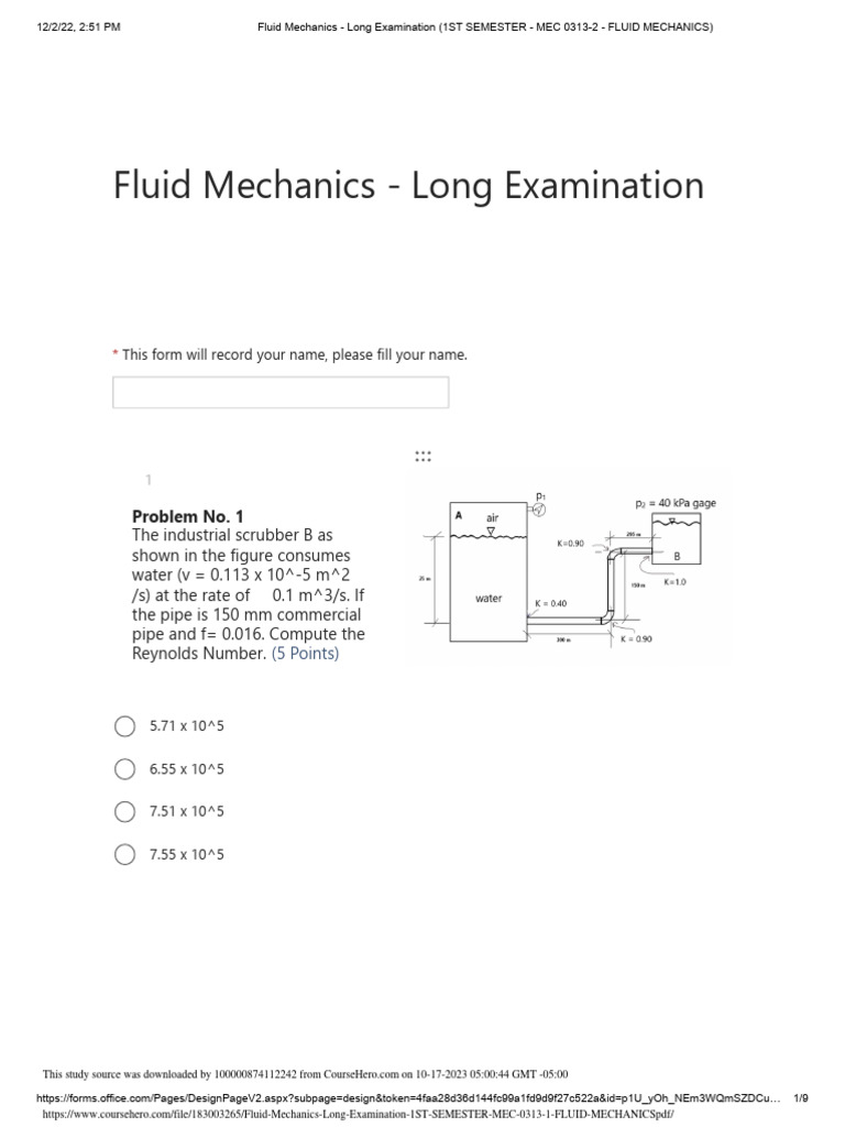 Fluid Mechanics Long Examination 1st Semester Mec 0313 1 Fluid Mechanics PDF | PDF