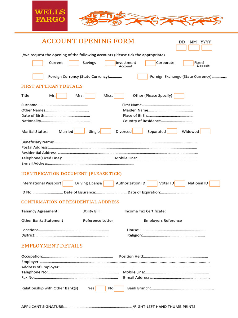 Wells Fargo Bank Account Opening Form | PDF | Identity Document ...