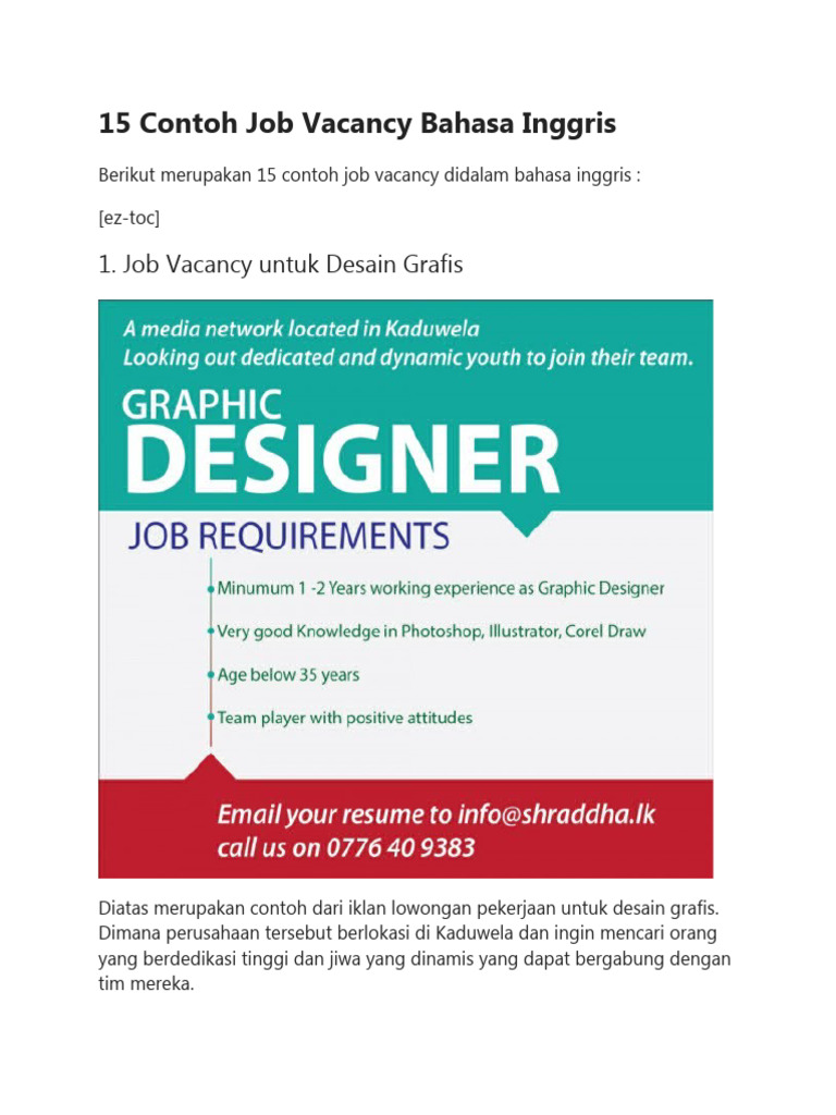 15 Contoh Job Vacancy Bahasa Inggris | PDF