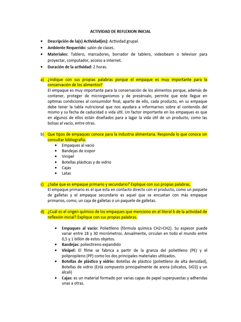 Actividad de Reflexion Inicial | PDF | Alimentos | Materiales