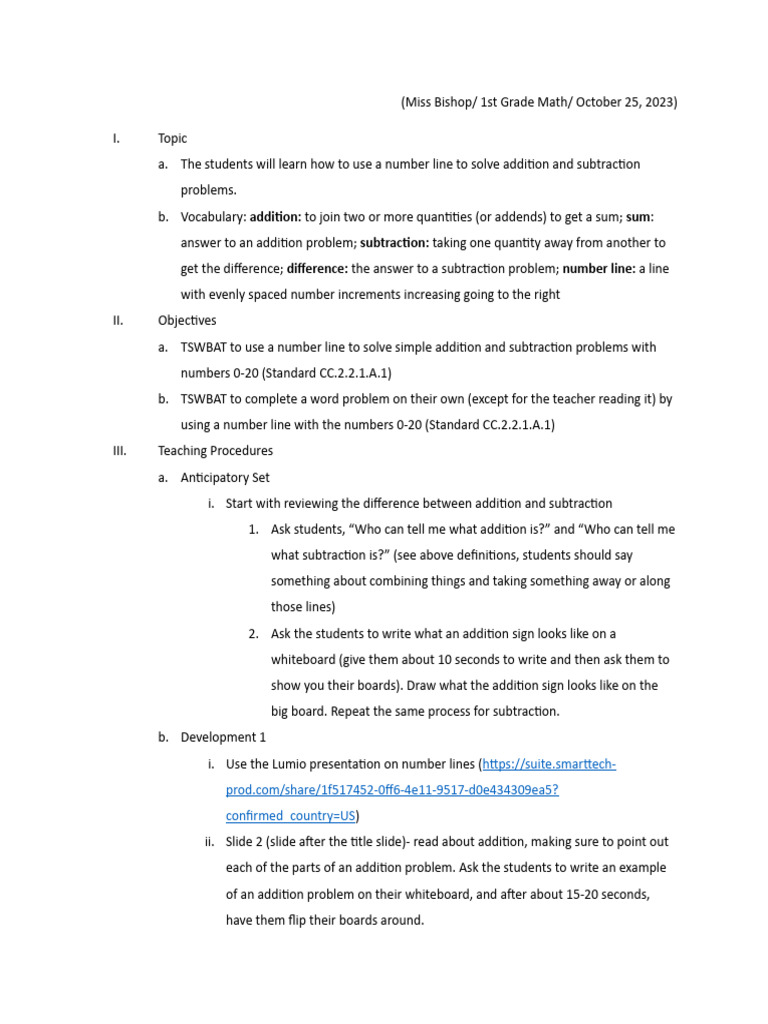 Using A Number Line Lesson Plan | PDF | Behavior Modification | Cognition