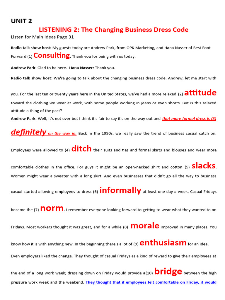 UNIT 2-LIS 2-Dress Code - KEY | PDF | Dress | Human Appearance