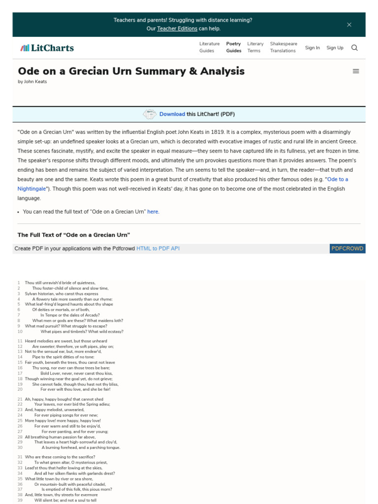 Ode On A Grecian Urn - Litchart | PDF