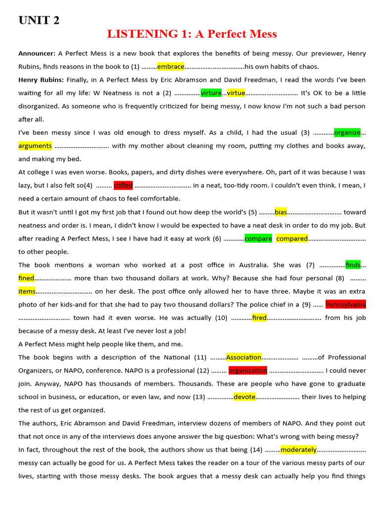 LISTENING 1: A Perfect Mess: Unit 2 | PDF