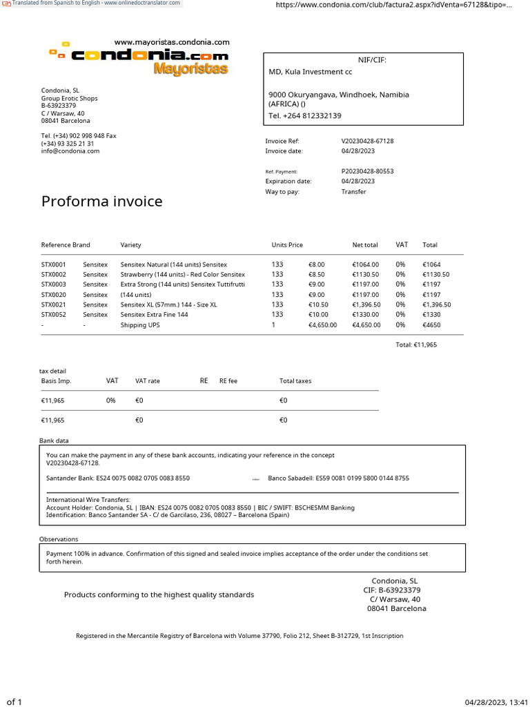 Proforma Namibia - Es.en | PDF | Invoice | Taxes