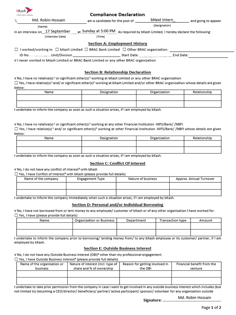 Compliance Declaration Form - MD Robin Hossain | PDF | Stepfamily ...