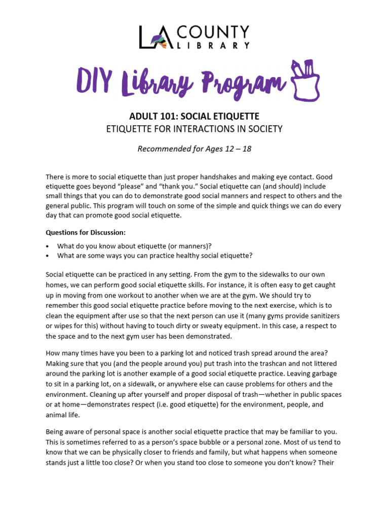 DIY Library Program Adult 101 Social Etiquette | PDF