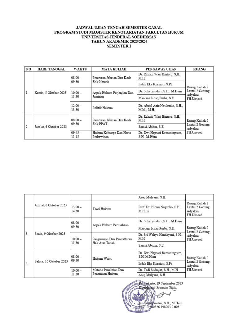 Revisi Jadwal Ujian Tengah Semester Gasal 2023 2024 | PDF