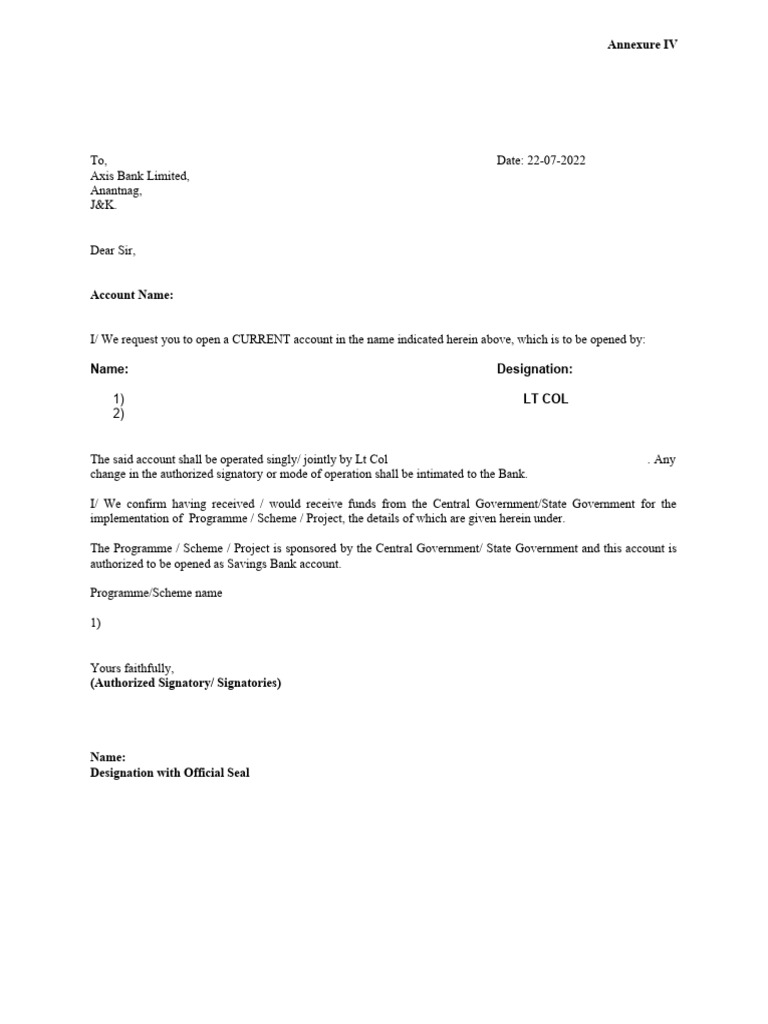Axis Bank Annexure IV Account Opening | PDF