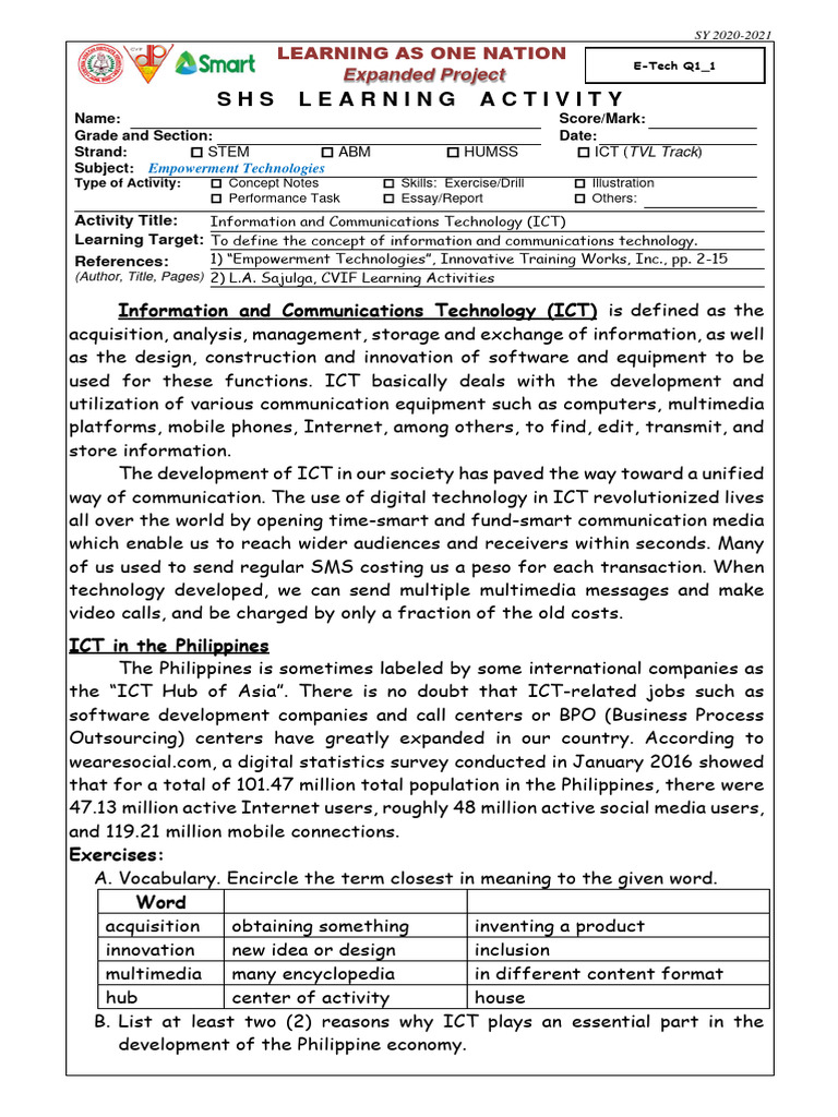 E Tech Q1 Las 1 Information And Communication Technology Ict Pdf