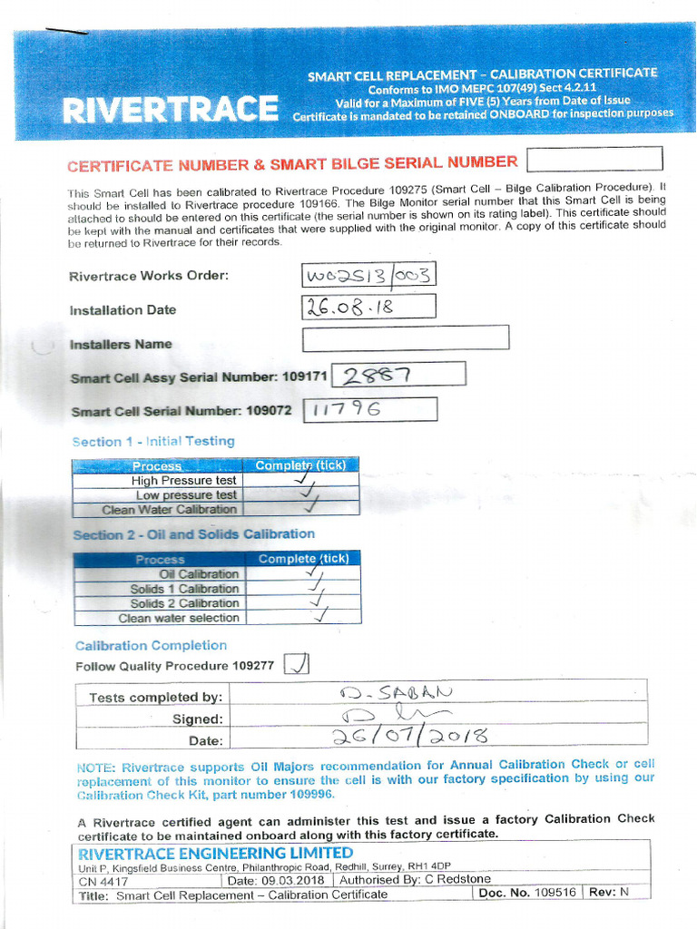 OWS Smart Cell Certificate of Calibration | PDF
