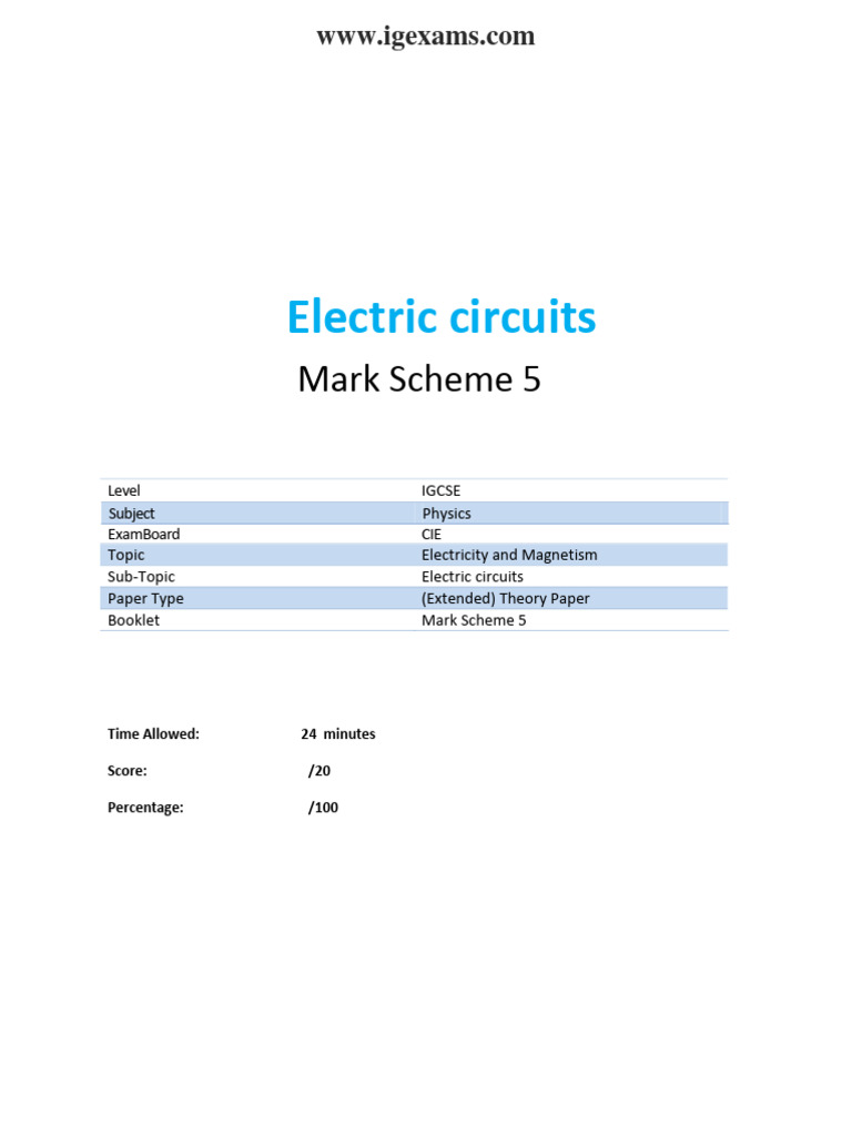 IGCSE Electricity Circuits Mark Scheme | PDF | Applied And ...