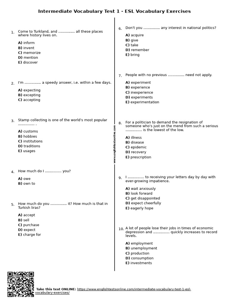 646 - Intermediate Vocabulary Test 1 Esl Vocabulary Exercis | PDF ...