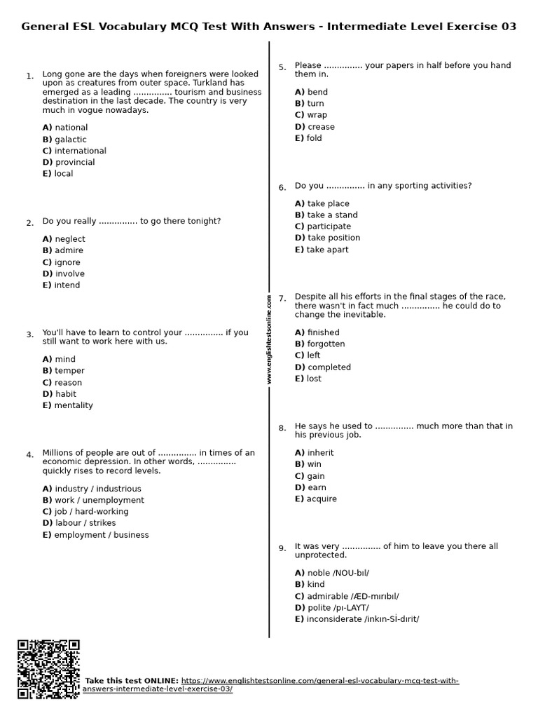 657 - General Esl Vocabulary MCQ Test With Answers Intermediate Level ...