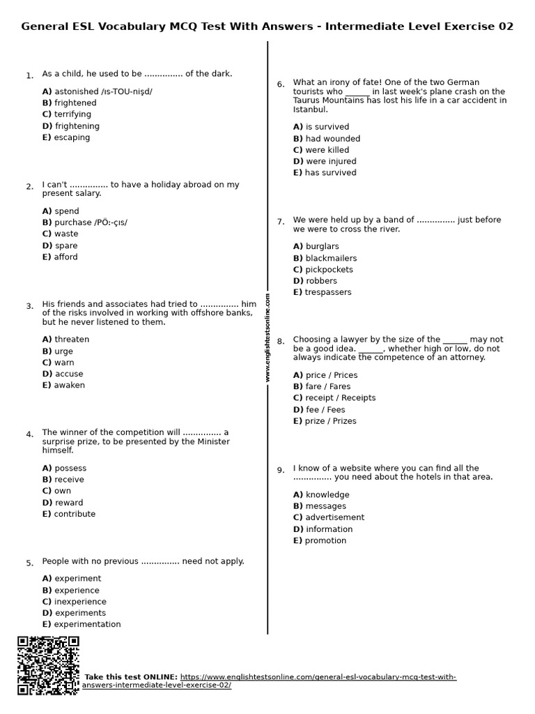ESL Vocabulary MCQ Test - Intermediate | PDF
