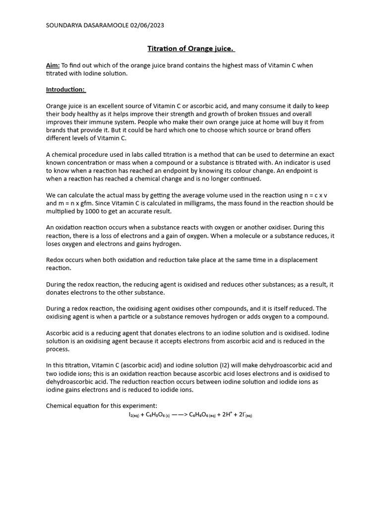 Titration of Orange Juiec | PDF | Redox | Titration