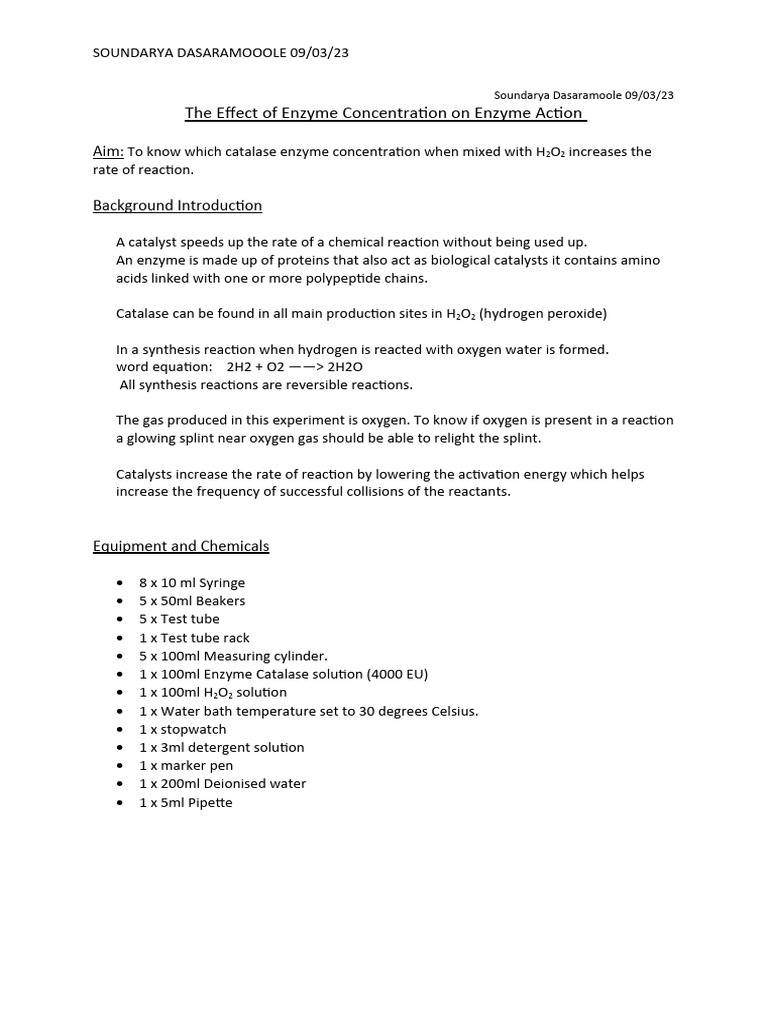 Effect of Enzyme Concentration On Enzyme Action 2.2 | PDF | Catalase ...