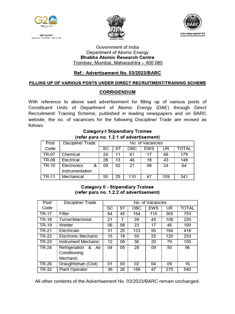 English Corrigendum-2 - Advt. No.03 - 2023 - BARC | PDF